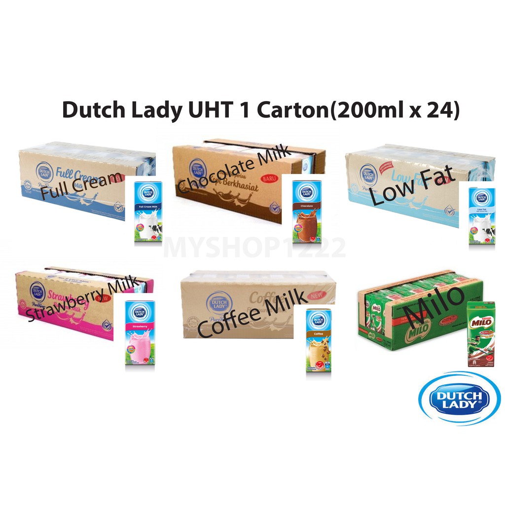 Dutch Lady Milk 1 carton 200ml x24 (Milo/ Full Cream/ Chocolate/ Low ...