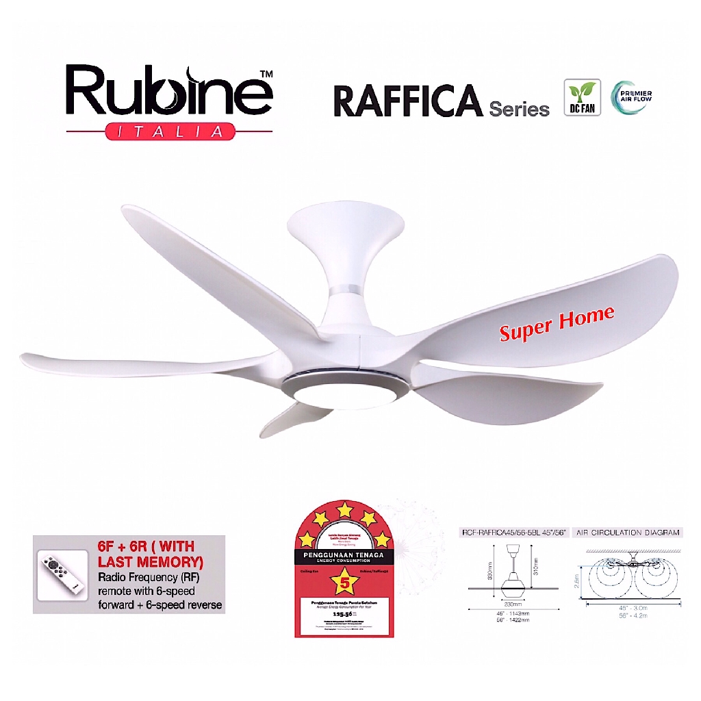Rubine Inverter DC Motor Ceiling Fan TRI-Colour LED Light RCF-RAFFICA45-5BL-MW | Shopee Malaysia