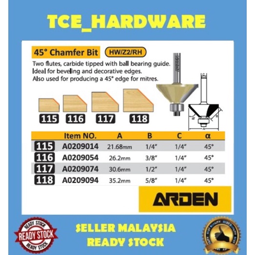 Arden 45° Chamfer Bit 45 degree professional router bit for wood #115 ...
