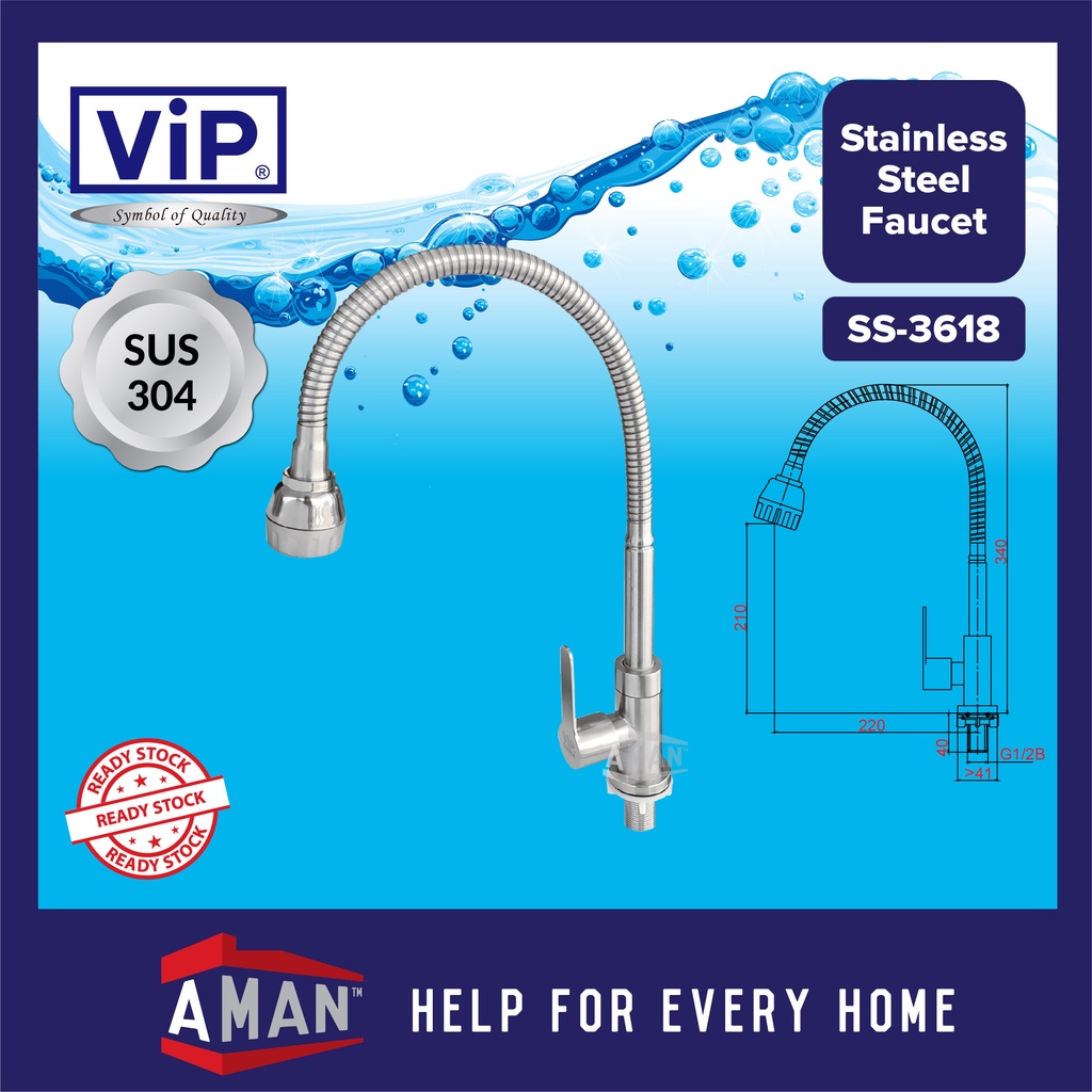 VIP SUS-304 Stainless Steel Flexible Pillar Sink Tap Kitchen Sink Tap ...