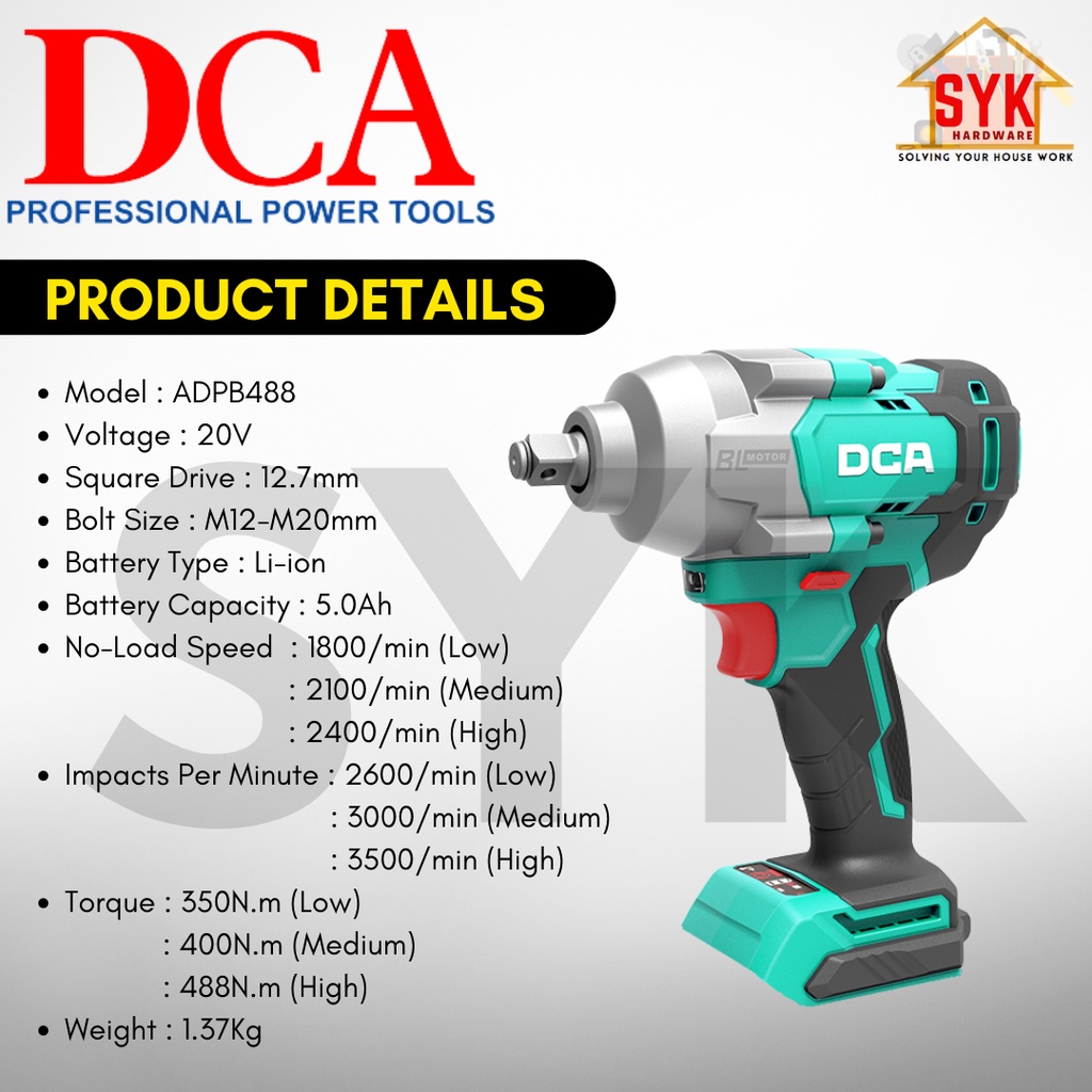 FREE SHIPPING SYK DCA ADPB488 20V Cordless Brushless Impact Wrench ...