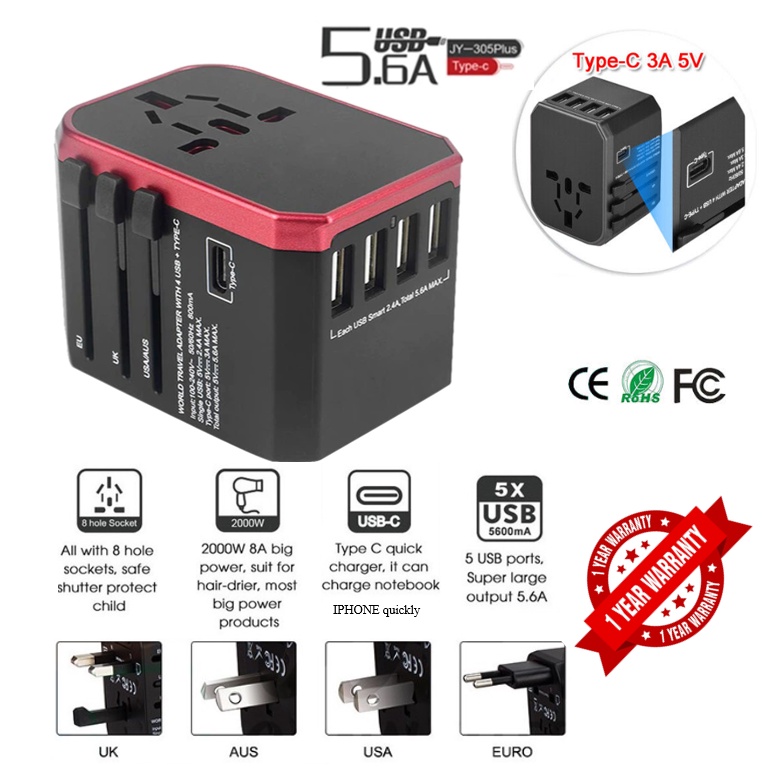 【READY STOCK】5.6A Fast Charges Universal Travel Adaptor 4USB PORT AND 3 ...