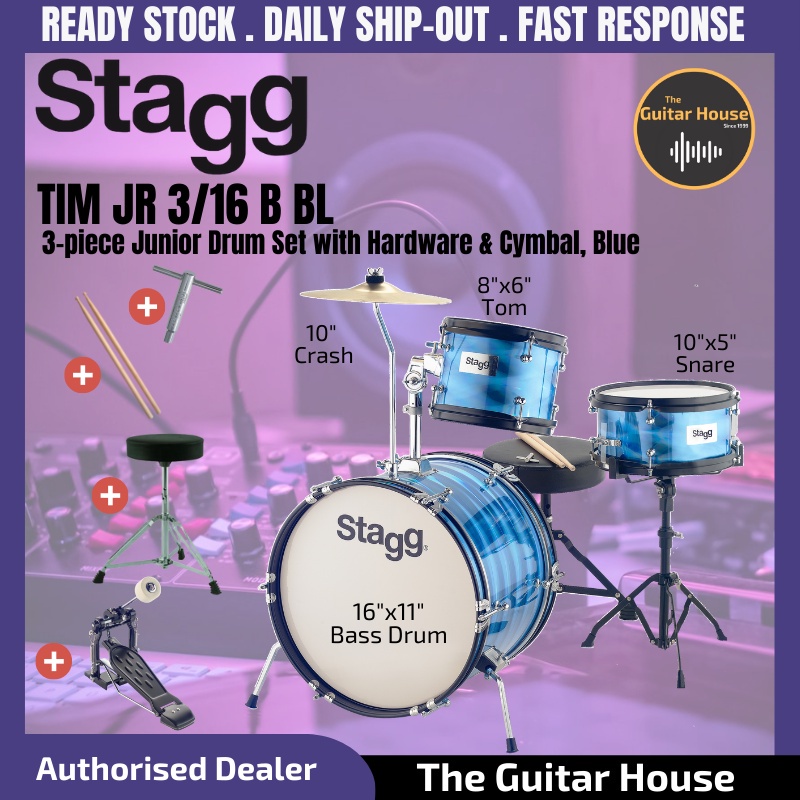Stagg TIM JR 3/16B BL 3-piece Junior Drum Set with Hardware and Cymbal ...