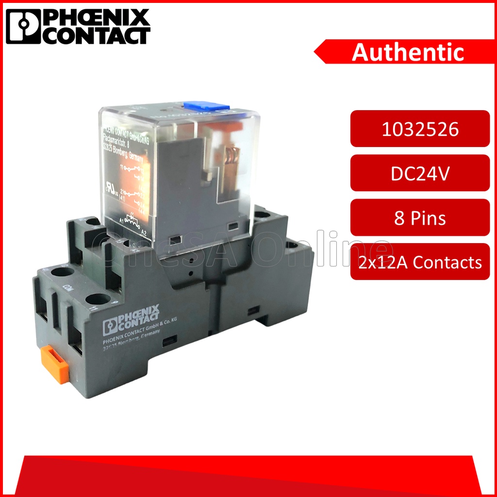PHOENIX CONTACT RELAY C/W BASE AND TEST BUTTON 8PINS 12A DC24V FLAT PIN ...
