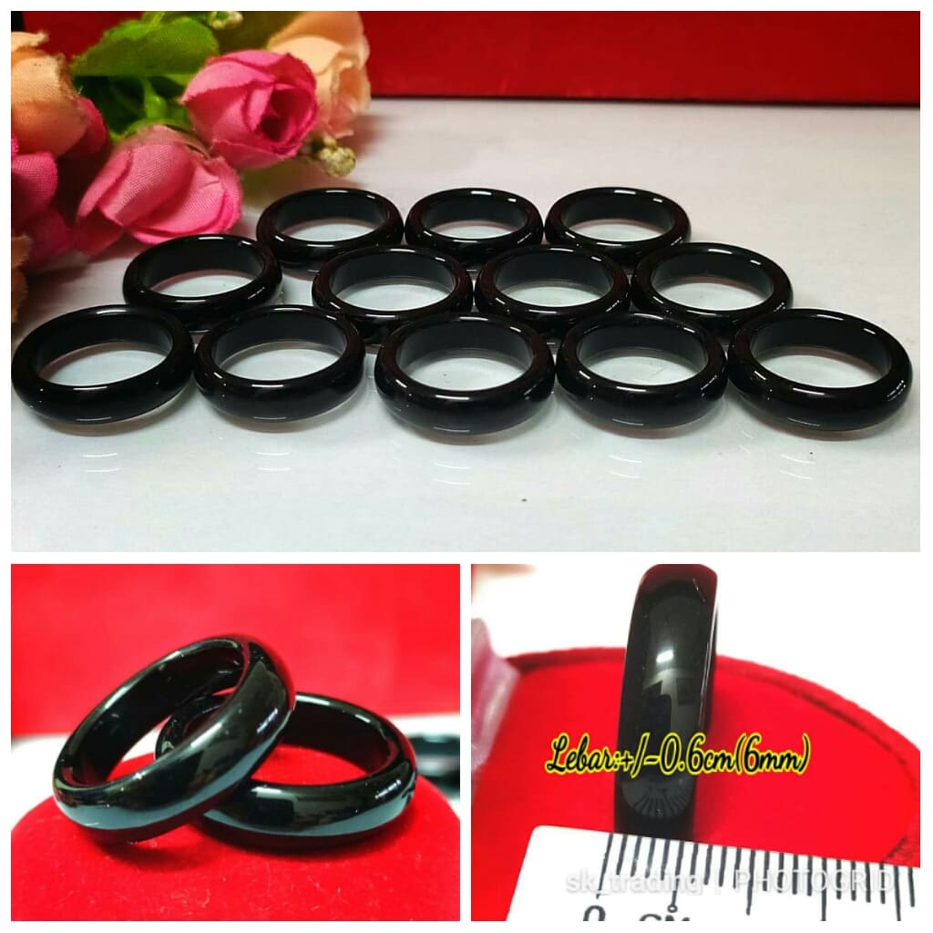 Black Agate Ring with Flat curve shinning surface (Cincin batu Agate ...