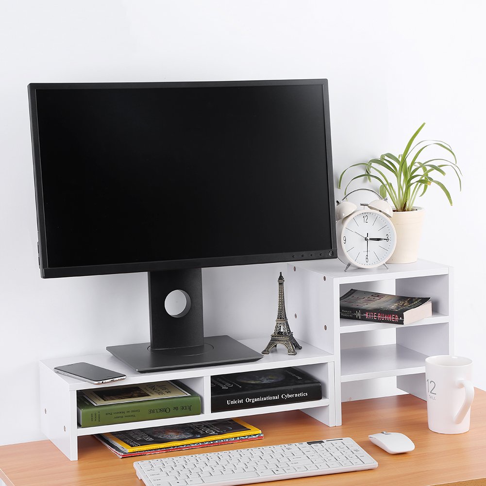 V2 Wooden Space Saver Monitor Riser with Side Bookcase (White) | Shopee ...