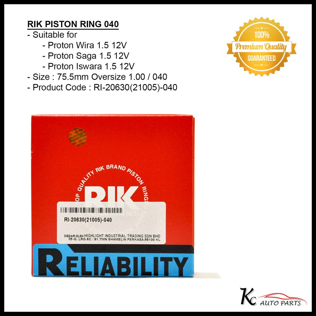 RIK Piston Ring 75.5mm std Oversize 0.50 1.00 for Wira, Saga & Iswara 1 ...