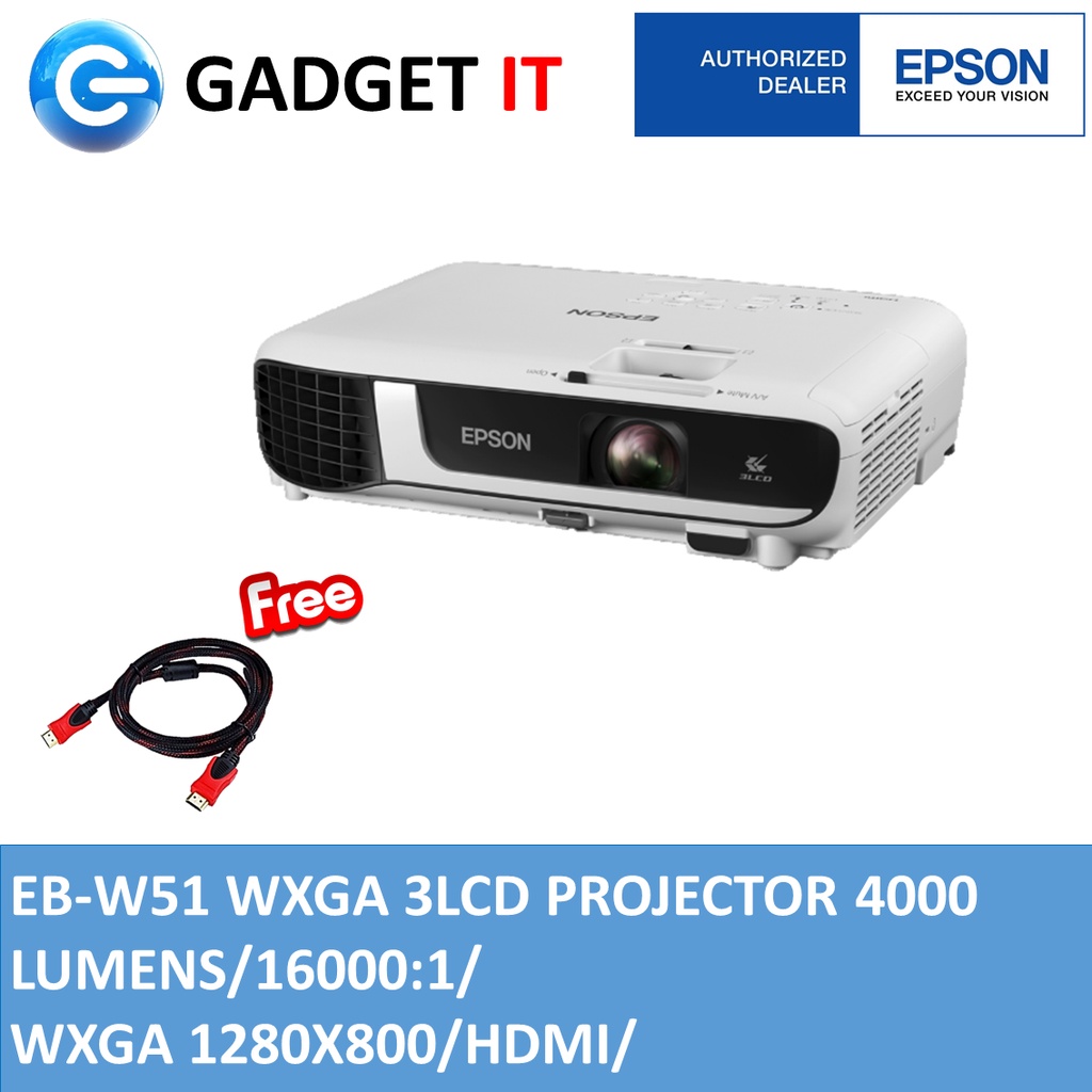 EPSON EB-W51 / EB-W55 WXGA 3LCD PROJECTOR (HIGH 4000 LUMENS) FREE HDMI CABLE (NEW REPLACEMENT ...