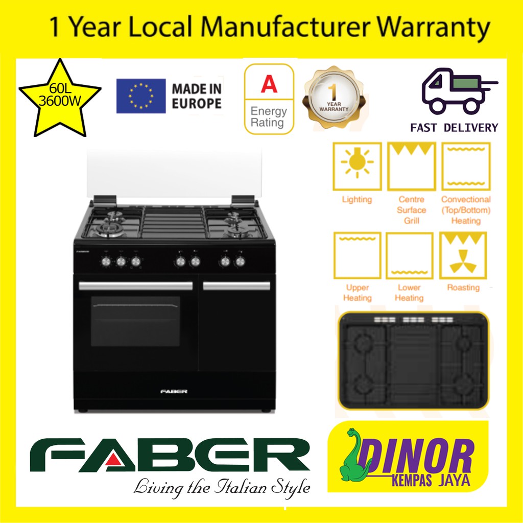 Faber Free Standing Cooker FISSO 9844E/BK 4 burner Full Electric Oven ...