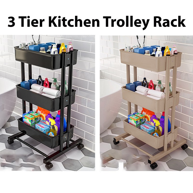 GTE 3 Tier Plastic Kitchen Trolley Food Drink Rolling Shelf Rack Mental ...