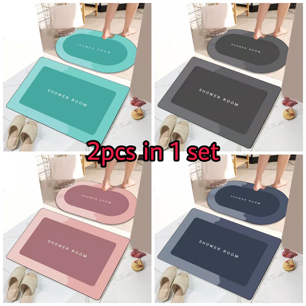 Ready Stock 2pcs Crystal Velvet Soft Bath Mat Floor Mat Bathroom Rug ...