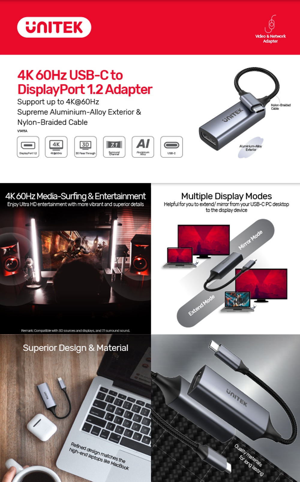 Unitek 4K 60Hz USB-C to DisplayPort 1.2 Adapter with Nylon-Braided ...