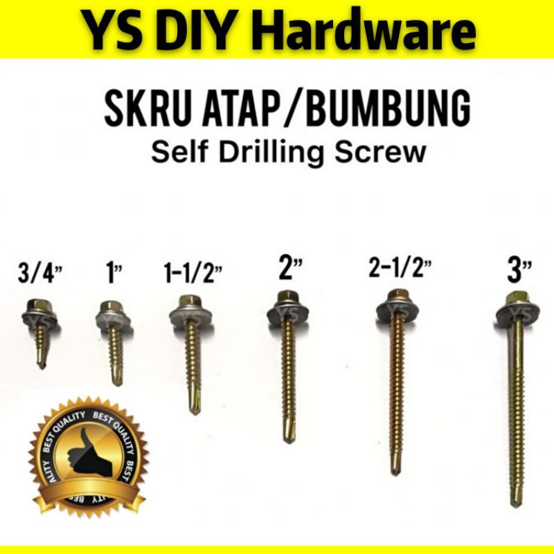 Hex Self Drilling Screw Skru Bumbung #10 x 3/4", 1", 1-1/2", 2", 2-1/2 ...