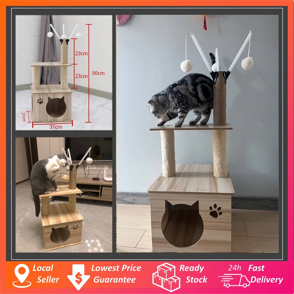 Tower Wooden Cat House 3 Stories Cat Play House Scratching Post Rumah ...