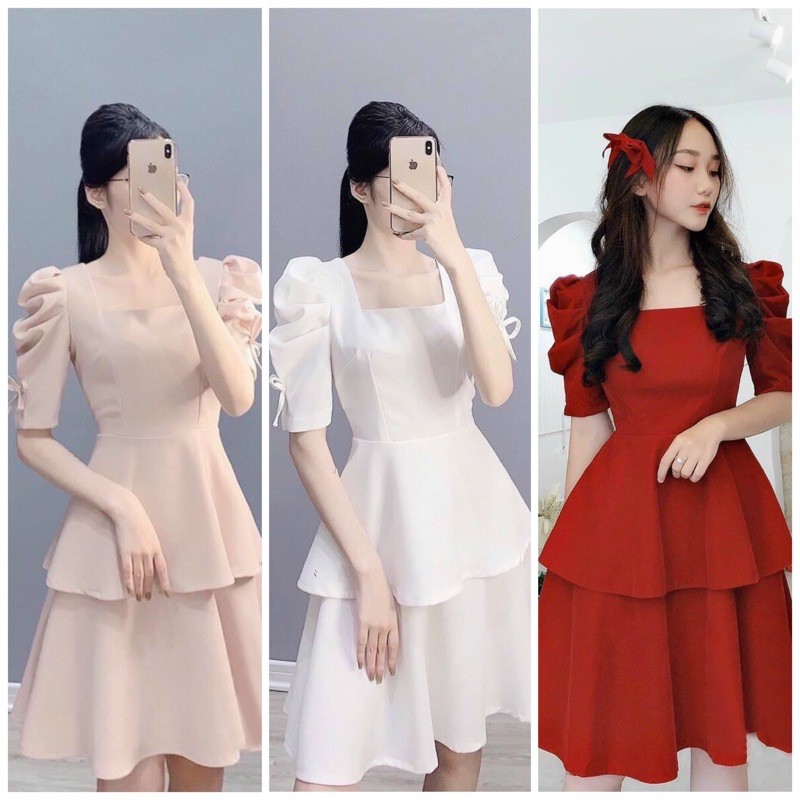 Two-layer puff sleeve dress in 3 colors (with real pictures) | Shopee ...