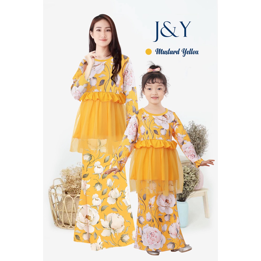 MUSTARD FAMILY SET RAYA 2022 Baju Kurung Peplum Mom Girl ( Baju Kurung ...
