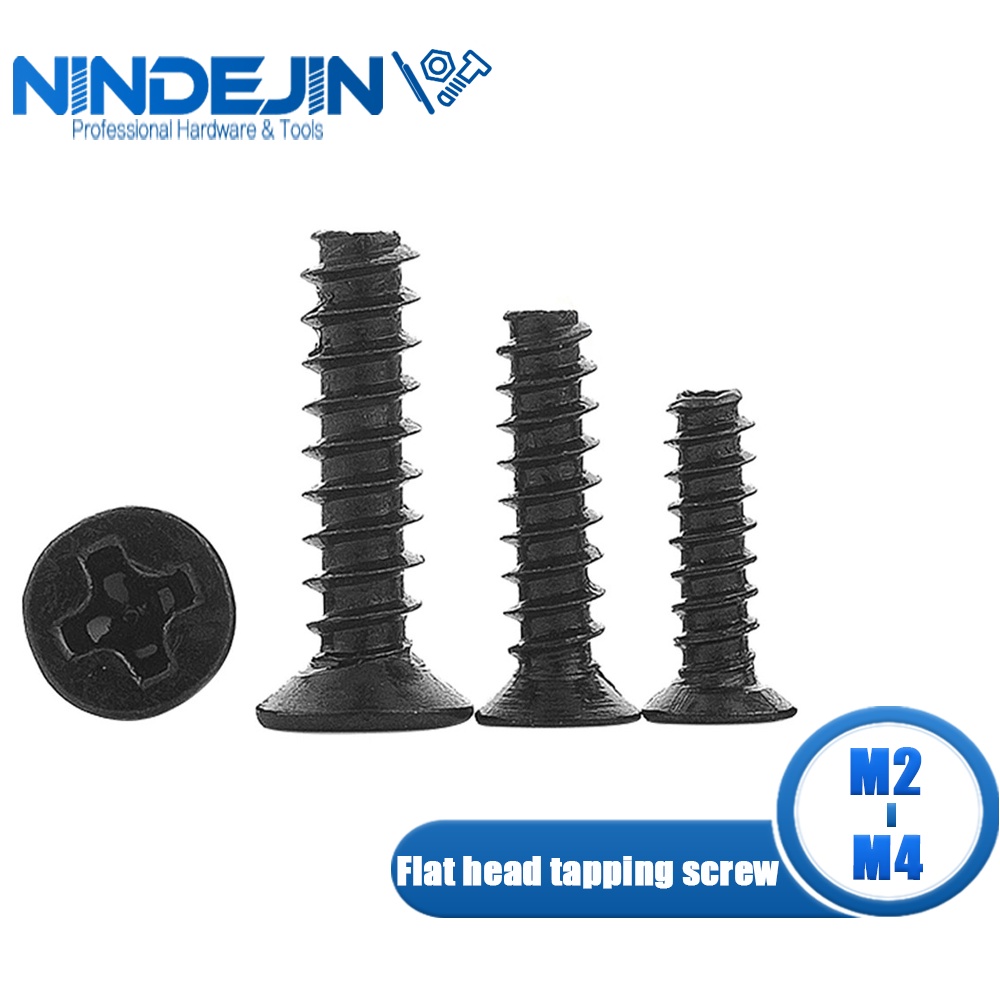 NINDEJIN Cross Recessed Flat Head Self-Tapping Screw Black Carbon Steel Bolt - M2/M2.3/M2.6/M3 ...