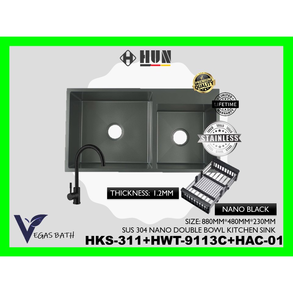 HUN NANO BLACK SINK PACKAGE-HUN NANO BLACK DOUBLE BOWL KITCHEN SINK ...