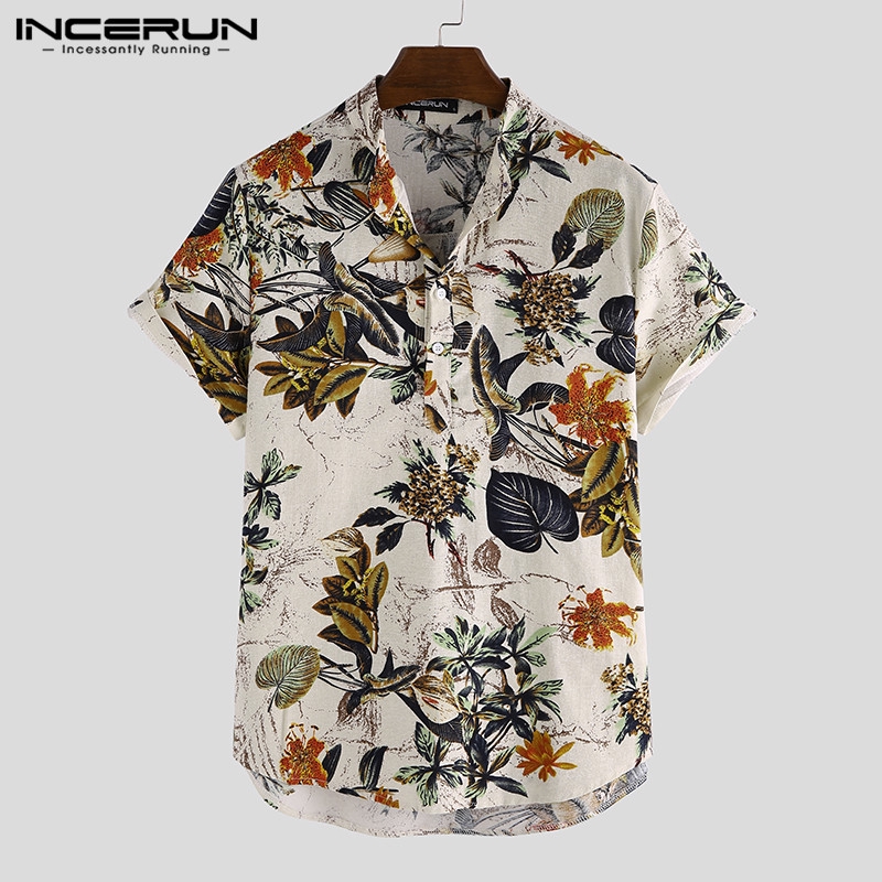 INCERUN Men Short Sleeve Floral Button Down Casual Shirt | Shopee Malaysia