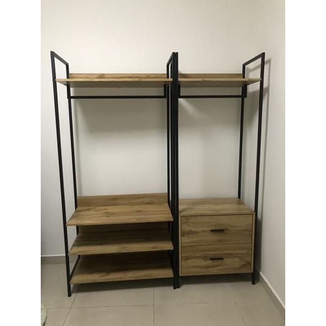 ROAM industrial design big garment rack with shelves oak color perabot ...