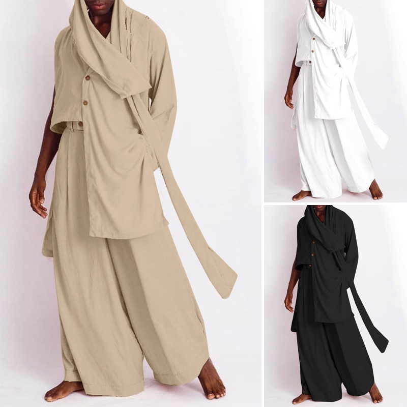 XMAN Men Baggy Solid Color Robe + Loose Pants + Islamic Saudi Scarf ...