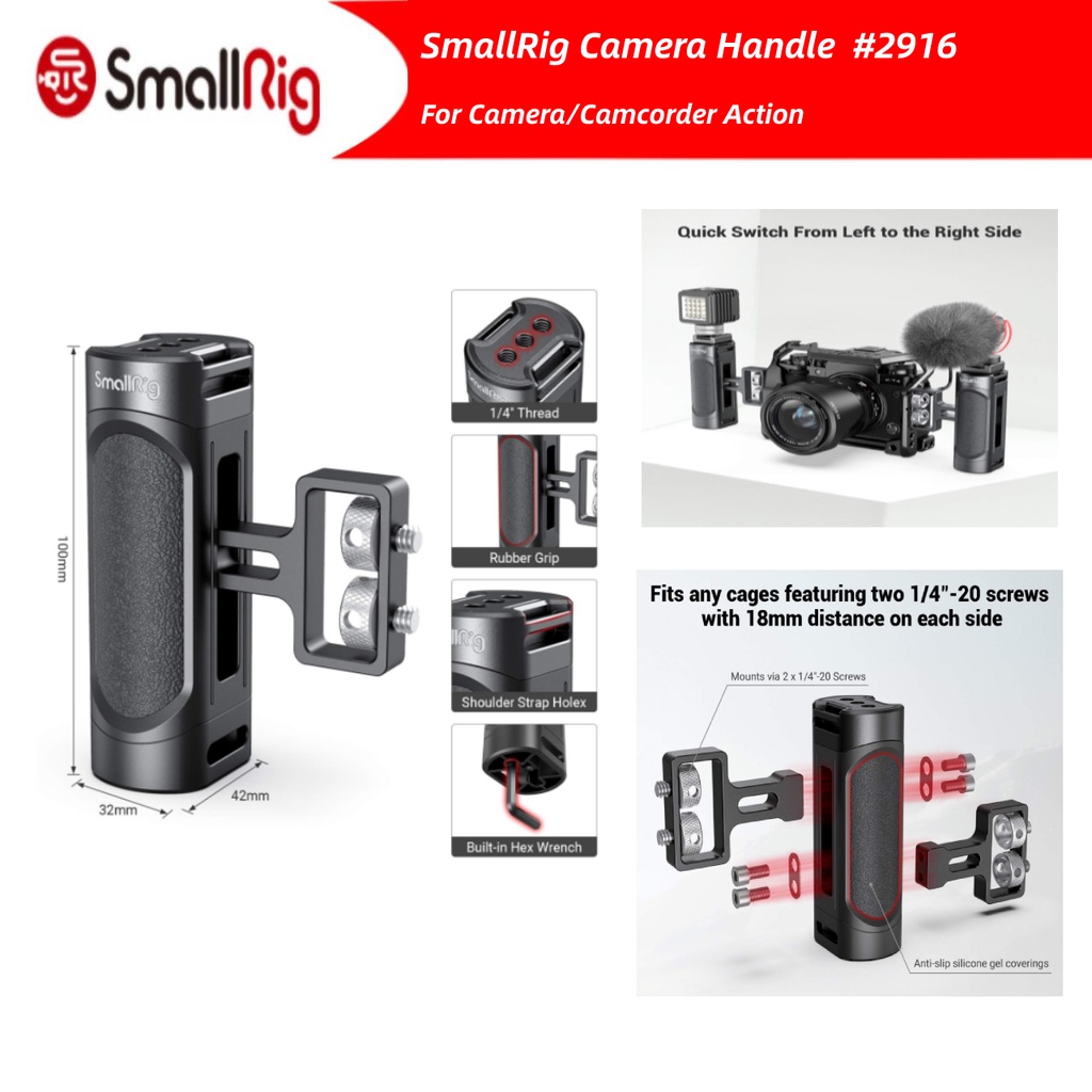 SmallRig Universal Mini Side Handle (1/4”-20 Screws) with 18mm Distance on the Side 2916 ...
