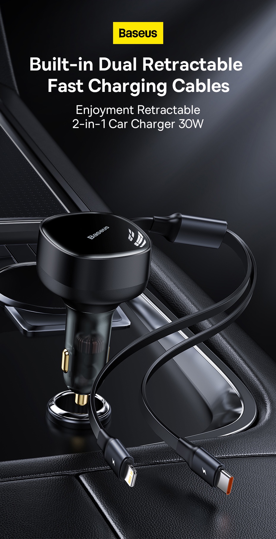 Baseus 2-in-1 Car Charger PD 20W Fast Charging Retractable Cable 30W ...