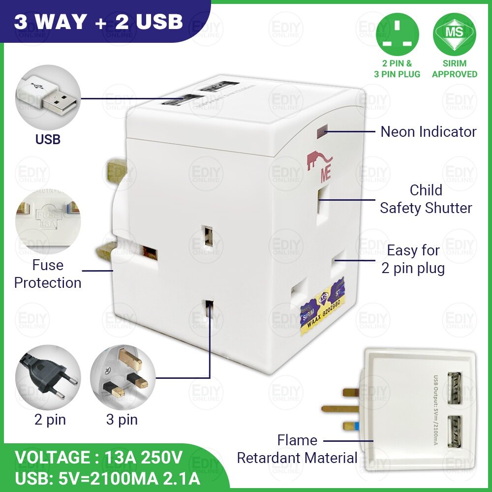 ME T-Adaport Multi Adaptor 3pin Universal Outlet USB Extension Plug ...