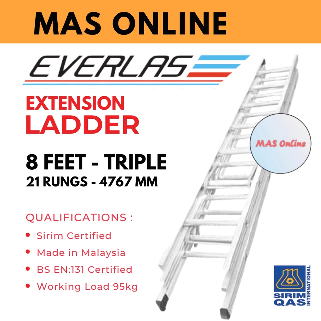 8 kaki Everlas Tangga Slide Aluminium Extension Ladder Heavy Duty ...