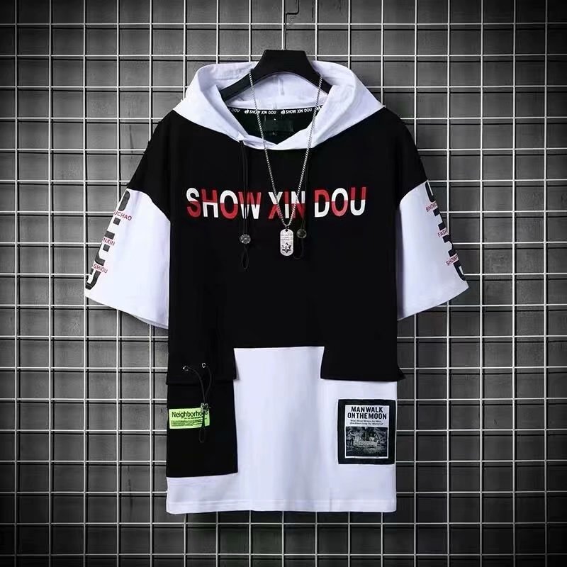 2 Color【S-3XL】Color Matching Printed Pattern Short Sleeve Hoodie Men ...