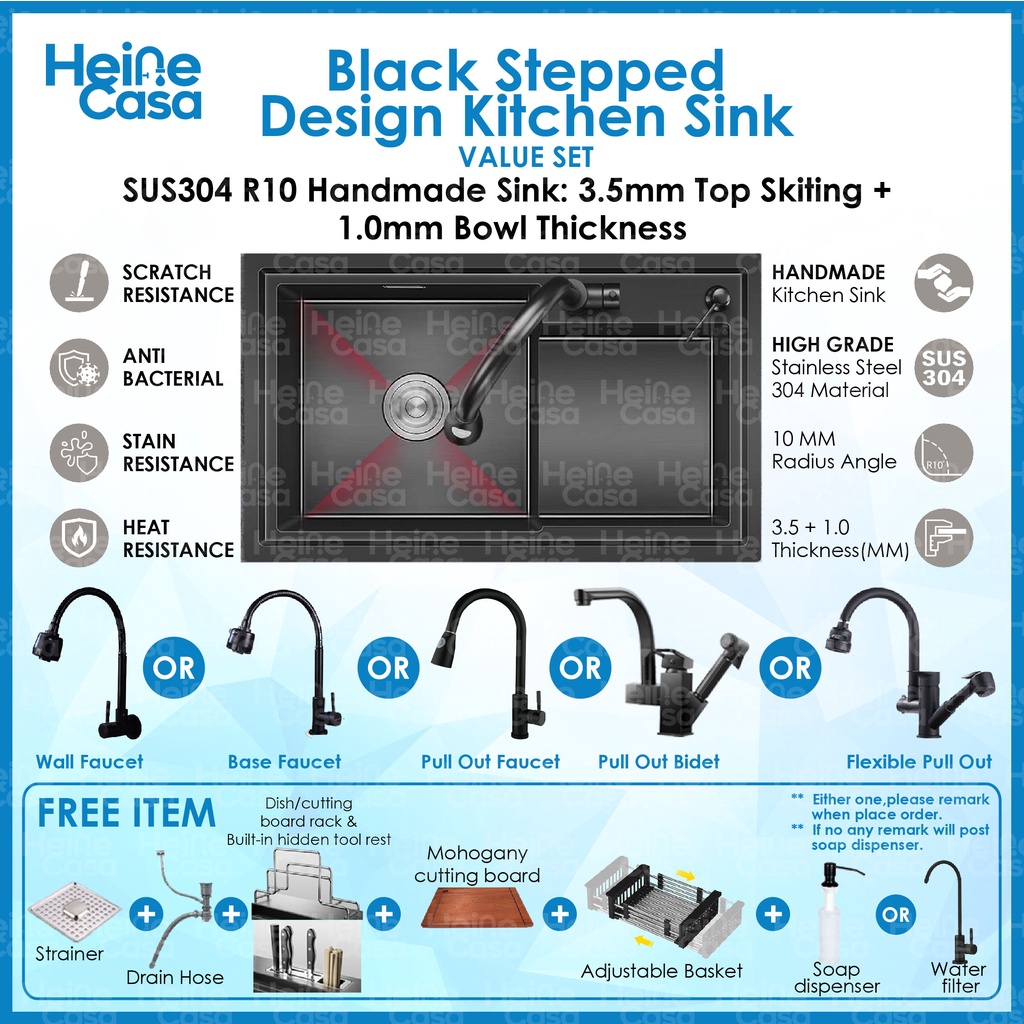 Black Stepped Design Kitchen Sink sinki dapur With knife holder ...