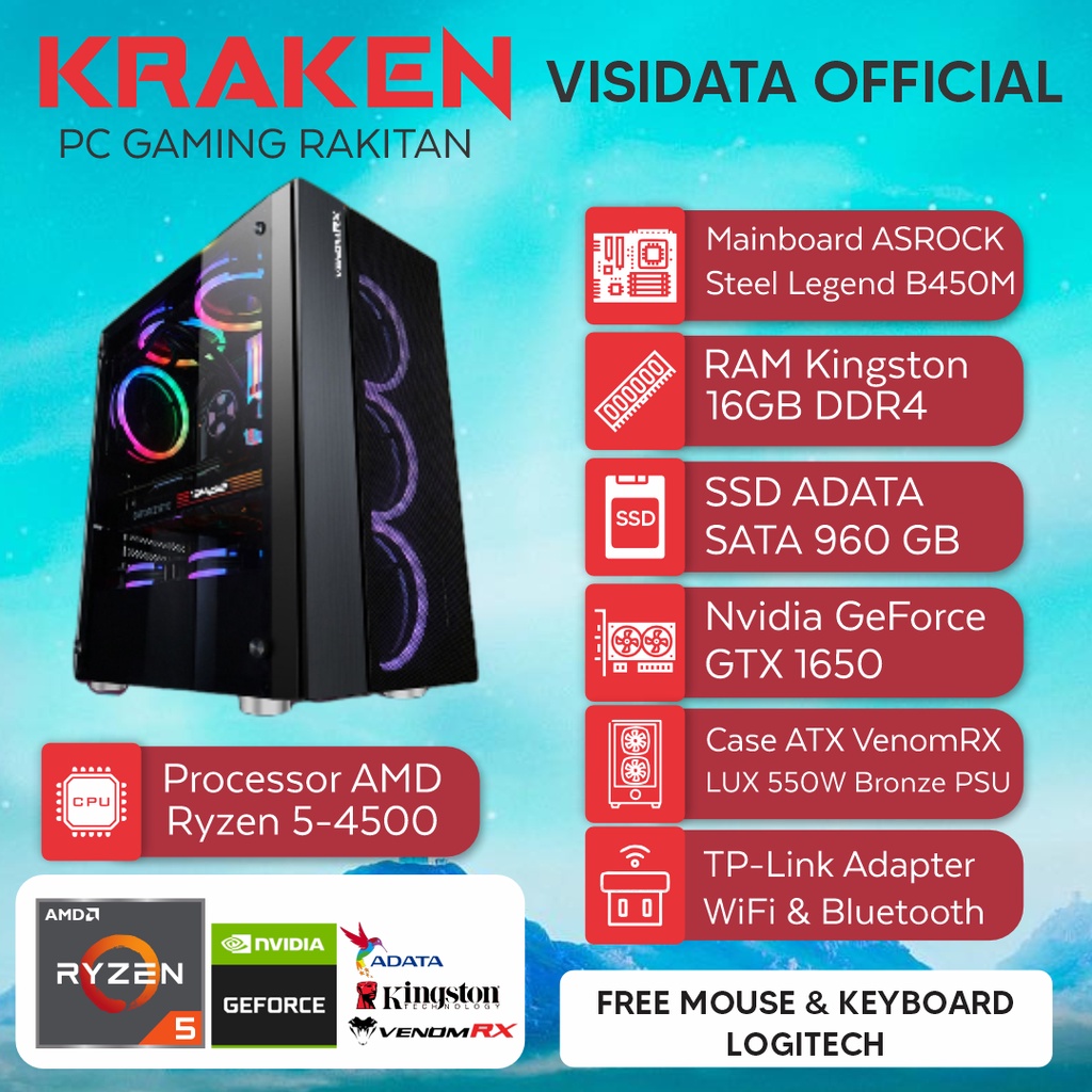 Pc GAMING KRAKEN Assembled Ryzen 5 4500 16GB 960GB GTX 1650+Monitor ...