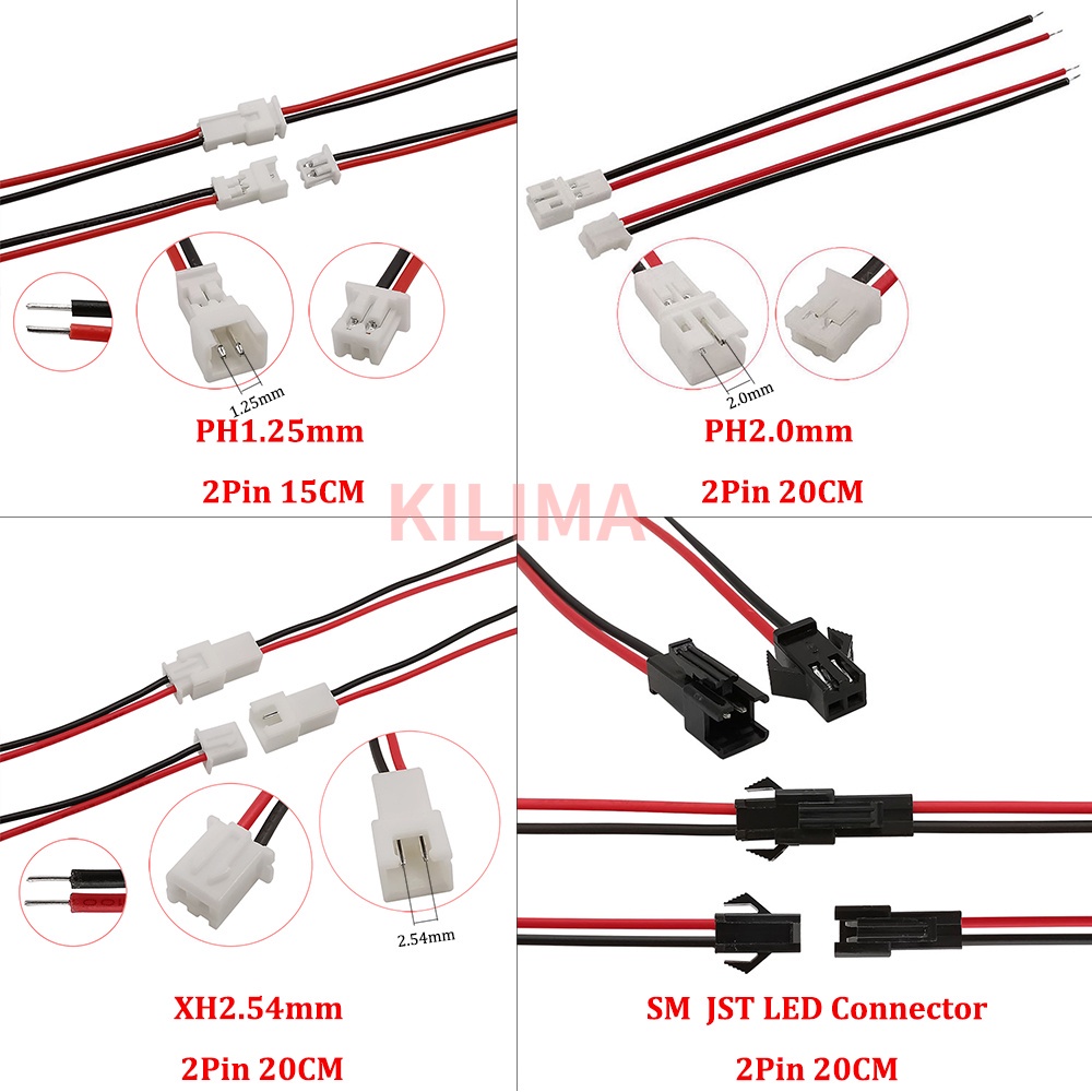 10Pairs 2 Pin Plug Socket Connector JST 1.25mm / PH 2.0mm / XH 2.54mm / SM Male Plug Female Jack ...