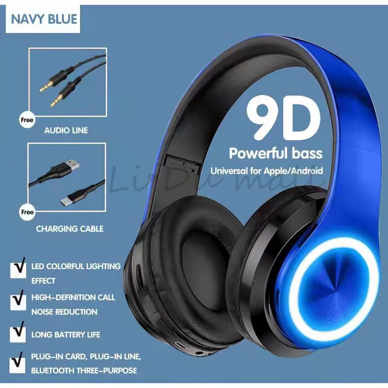 Wireless Bluetooth Headphones B39 Colored LED Lights Gaming Over-Ear ...