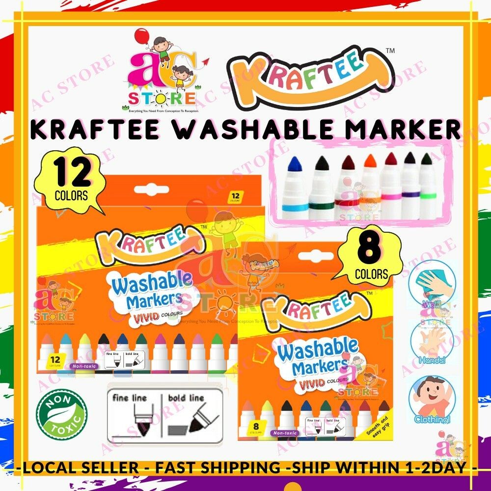 AC- Kraftee -8 Colors / 12 Colors Washable Marker Pen For Kids (Broad ...