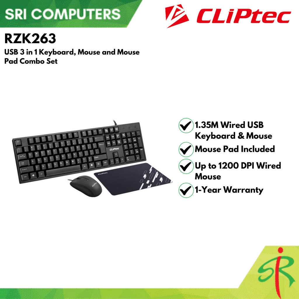 Cliptec RZK263 USB 3 in 1 Keyboard, Mouse and Mouse Pad Combo Set (1 ...