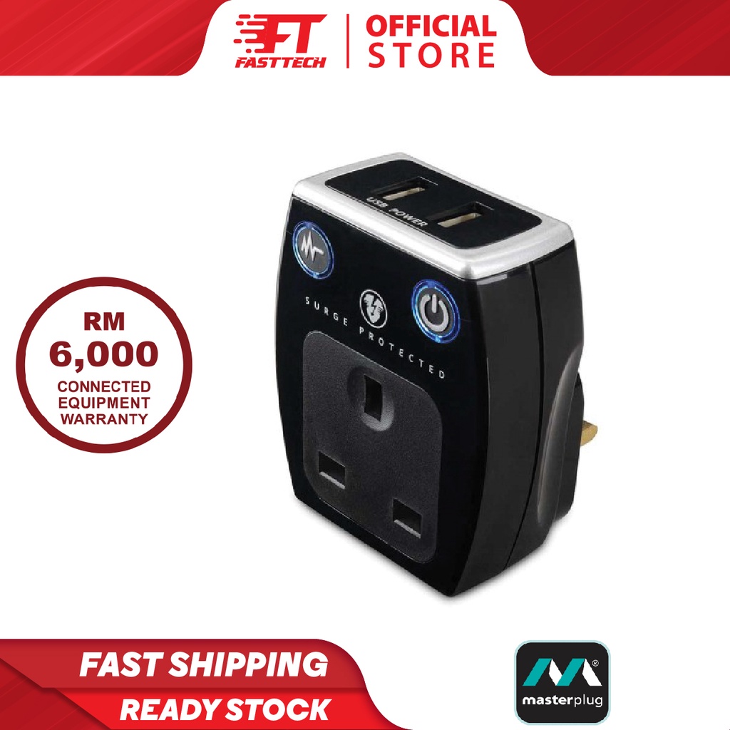 Masterplug USB Surge Adaptor SRGAUSBPB2-MPA with 1 Socket, 2 USB Ports ...