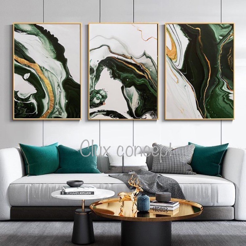 (Set of 3 with framed) (💢FLAT SURFACE 💢)Green gold line abstract art ...