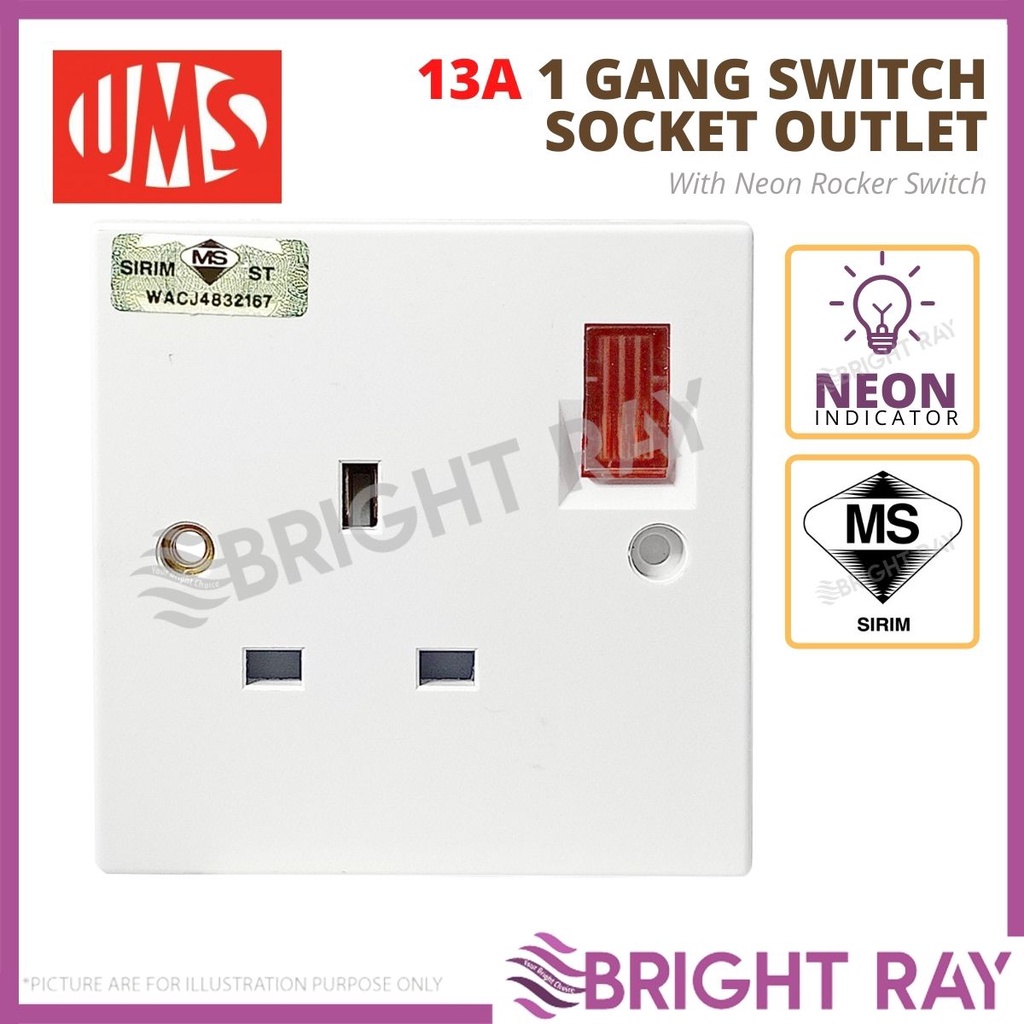 UMS 13A Switch Socket Outlet With NEON 1213A-N Sirim Approved | Shopee ...