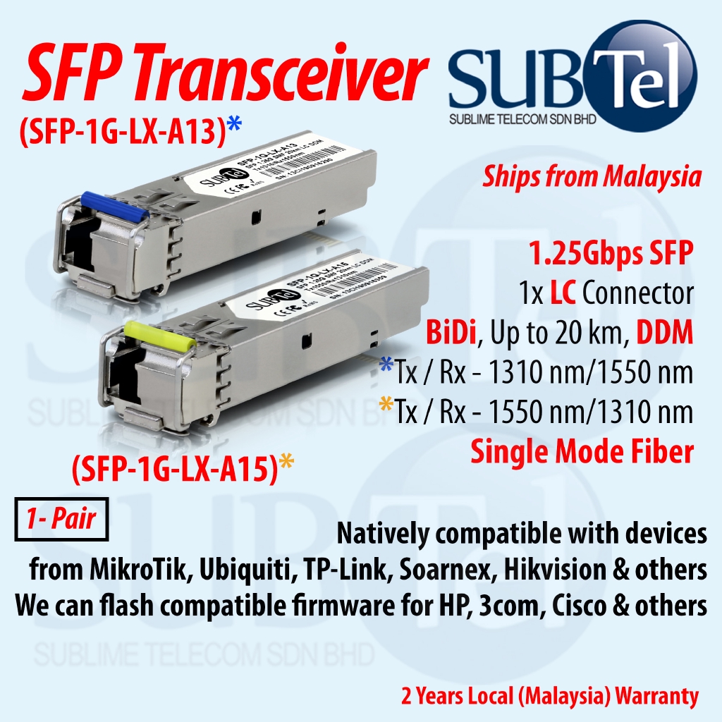 SUBTel SFP-1G-LX-A13 A15 1G 20km BiDi SFP Transceiver module Fiber ...