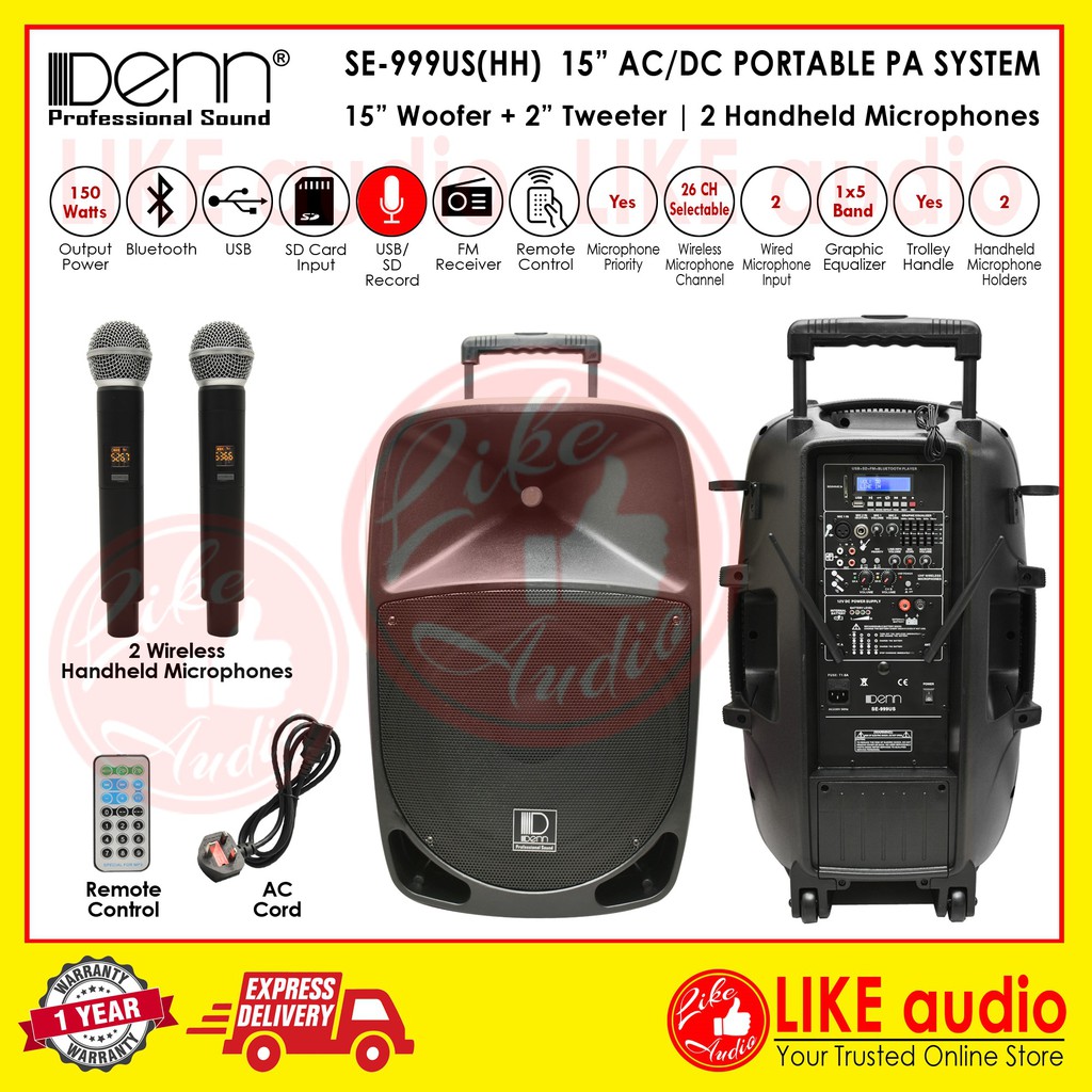 (FREE Speaker Stand) DENN SE-999US(HH) 15” AC/DC Portable PA System (2 ...