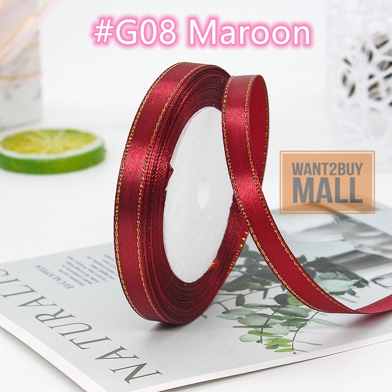 🇲🇾 🏆 25yrd/Roll 0.6cm 1cm Gold Edged Line Satin Ribbon Hadiah Wrapping ...