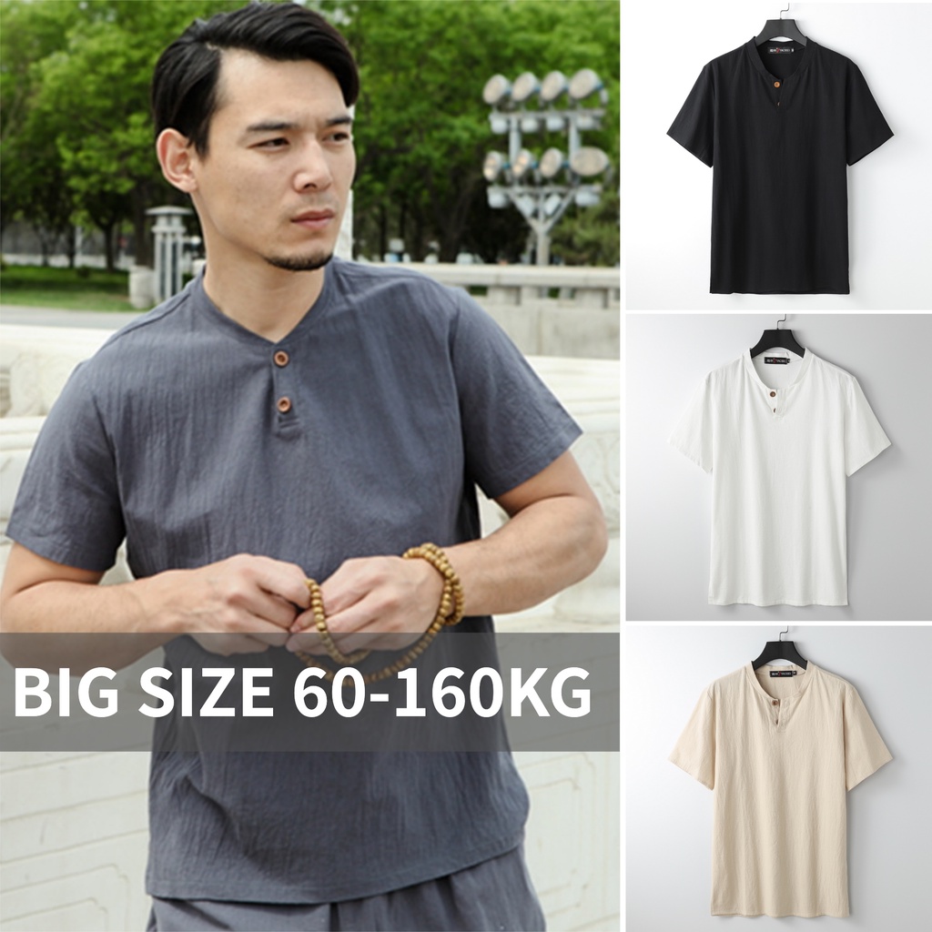 🔥Oversize🔥60-160kg men plus size cotton linen top short sleeve V-neck Chinese T-shirts | Shopee ...