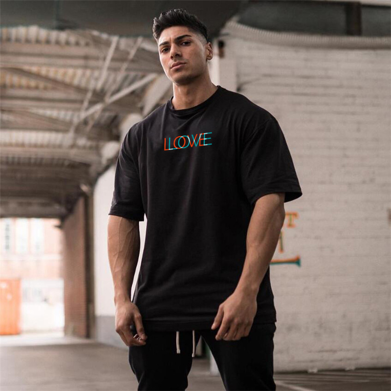 Oversized Tee shirt Men Cotton Gym Bodybuilding Fitness Loose Casual ...