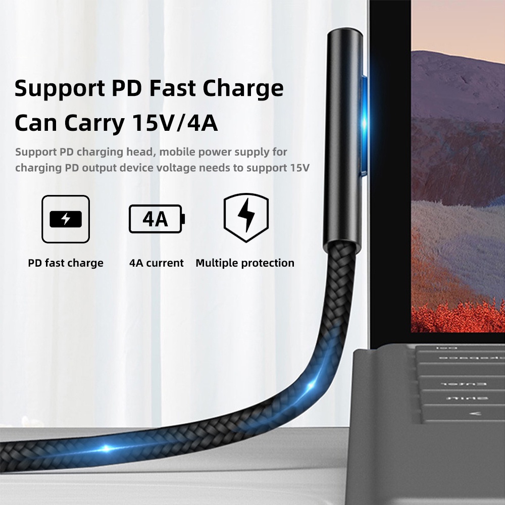 ACCEZZ Type-c To Microsoft Surface Nylon 15V 4A PD Charging Cable 65W/102W Universal For Surface ...