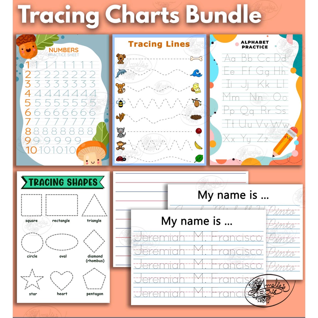 Tracing Educational Charts Laminated A4 Bundle of 6 - alphabet, shapes ...