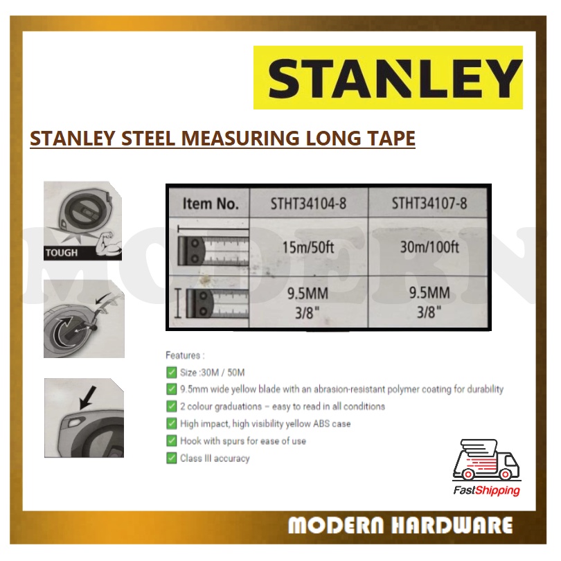 STANLEY 15M/50' & 30M/100' STEEL MEASURING LONG TAPE/PITA PENGUKUR ...