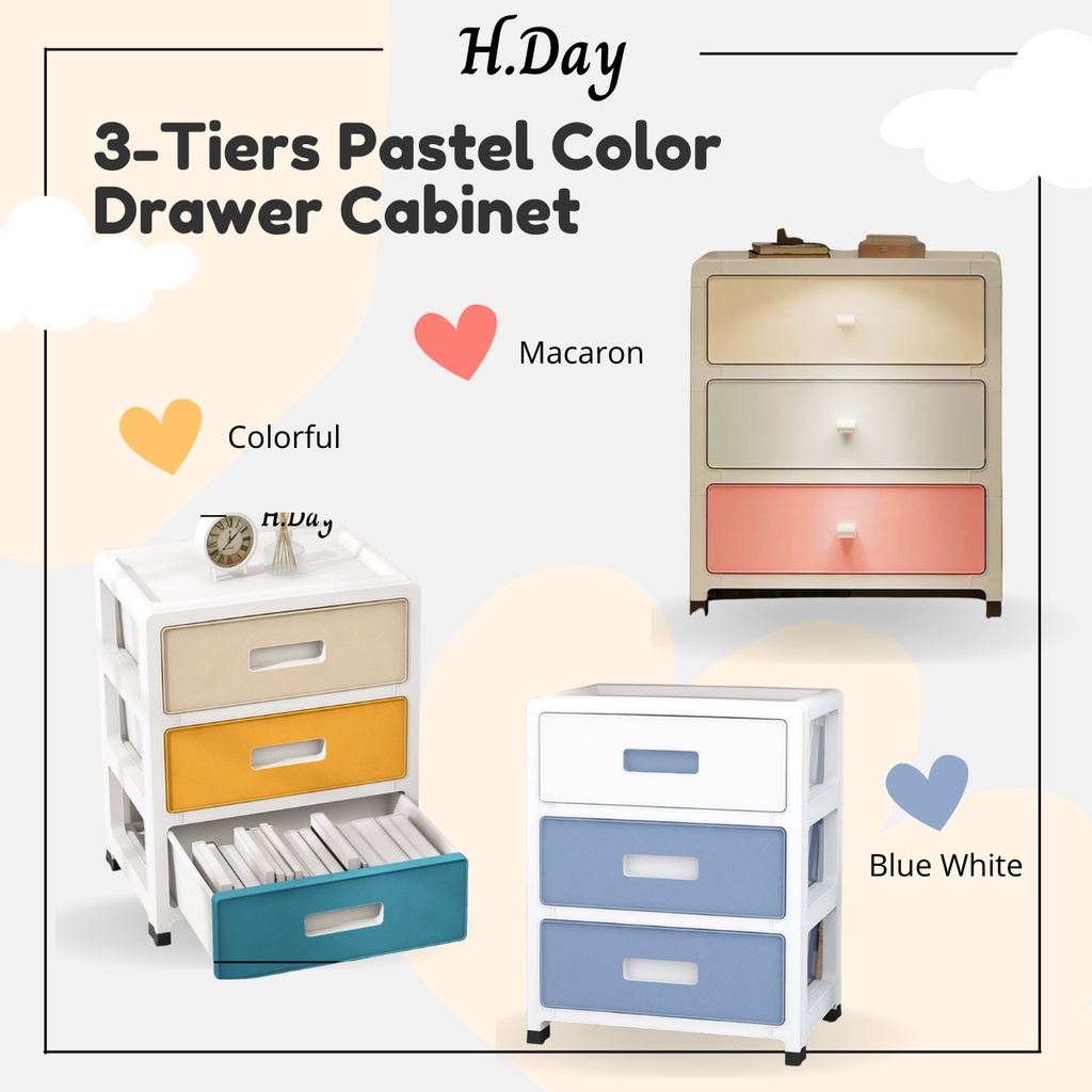 Ready Stock ⭐ H.Day 35cm 3-Tiers Pastel Color Plastic Cabinet Drawer ...