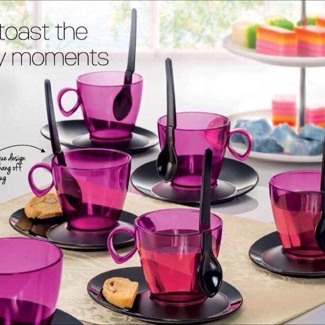 TUPPERWARE Set Clear Cup 180ml with saucer and spoon (18pcs) PURPLE ...