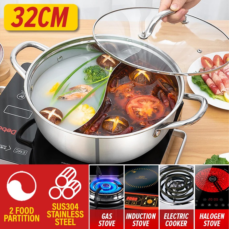 Mango_leong0123 [ 32CM ] 2 IN 1 Stainless Steel Deep Hot Pot Cooker / Kuali Masak Dua Dalam Satu ...